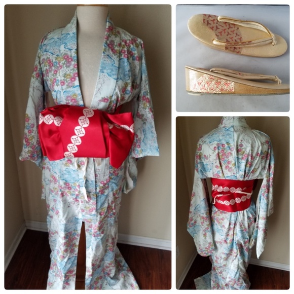 Dresses | Vintage Authentic Japanese Kimono Set Shoes Ribbon | Poshmark